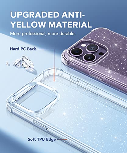 BERFY for iPhone 14 Pro Case Glitter Clear, with 2X Screen Protector + 2X Camera Lens Protector, [Non-Yellowing] [Military Grade Protection] Cute Bling Shockproof Phone Case 6.1 Inch, Shiny Clear