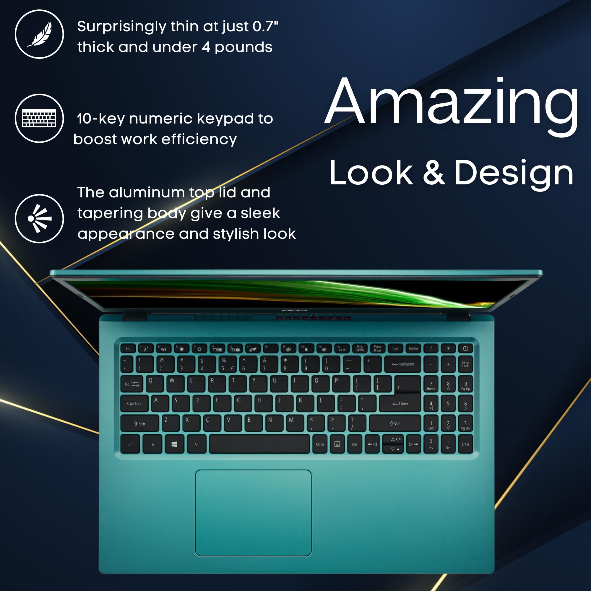 acer Aspire 3 Slim Essential Laptop, 15.6" Full HD Display, 20GB RAM, 1TB SSD Storage, Intel Core i3 Processor, HDMI, Long Battery Life, Windows 11, 1-Year Microsoft 365, Teal