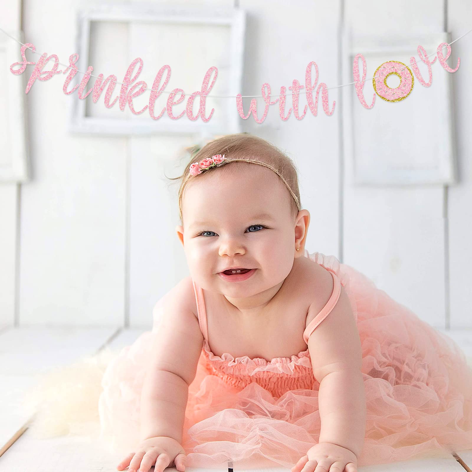 Sprinkled with Love Glitter Banner Baby Shower Sprinkle Party Decoration for Girl Pre-Strung Sign Gold (Pink)