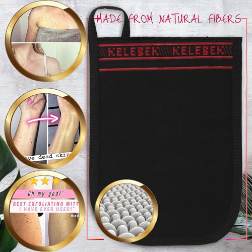 Kelebek Premium Natural Exfoliating Gloves, Turkish Hammam Kese, Original Exfoliating Mitt, Body Scrub for Men and Women (Black 2 Count (Rough))