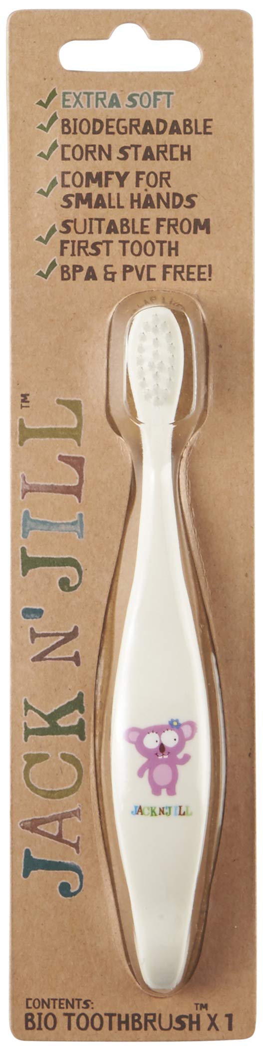 Jack N' Jill Koala Bio Kids, Toddler, and Baby Toothbrush - Vegan, Non-GMO, Biodegradable Cornstarch, BPA Free, PVC Free - Ergonomic, Compostable Handle - Extra Soft, Round Nylon Bristles