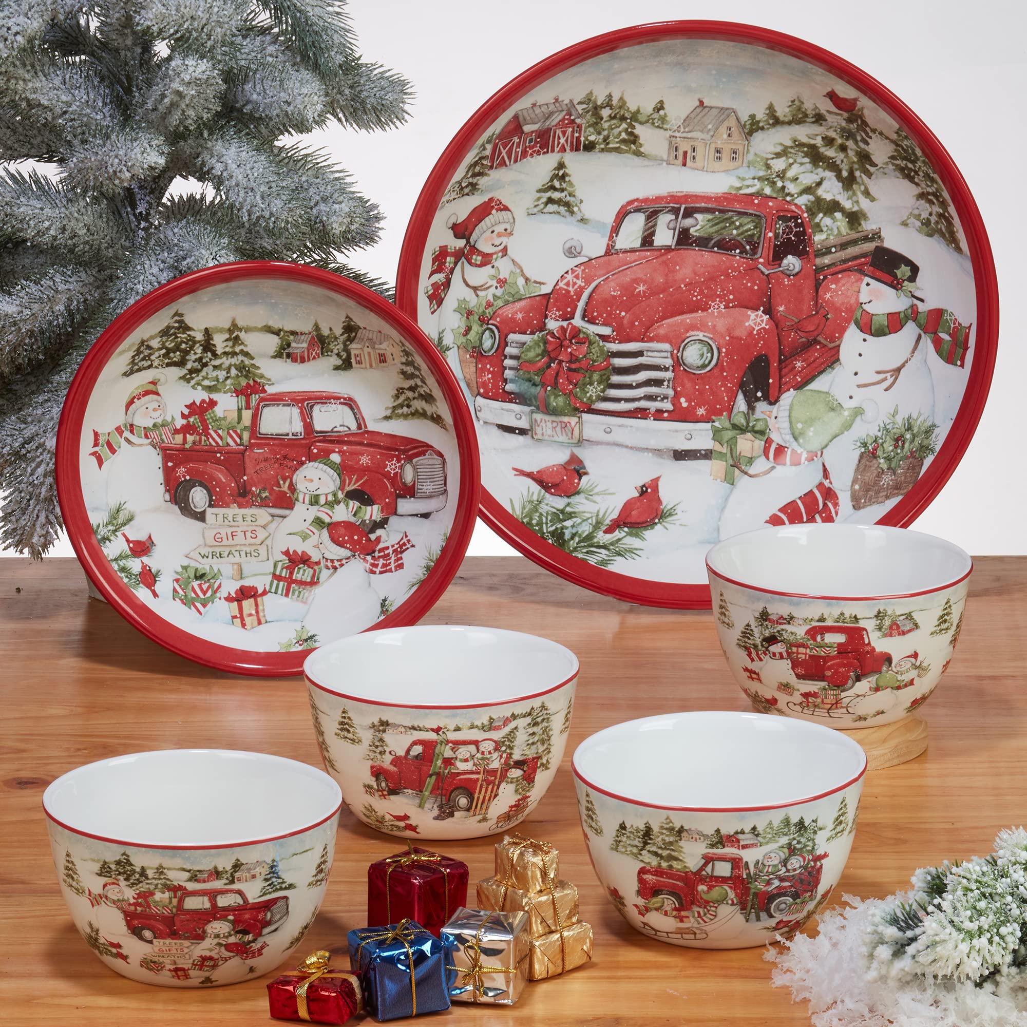 Certified International Red Truck Snowman 16 oz. Mugs, Set of 4, Multicolor