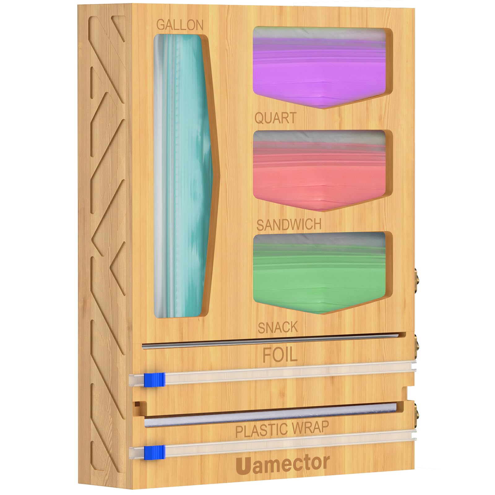 Uamector Bag Storage Organizer Perfect for Kitchen Drawer, 6 in 1 Bamboo Foil and Plastic Wrap with Cutter, Storage Bag Organizers Compatible Gallon, Quart, Sandwich Snack Size