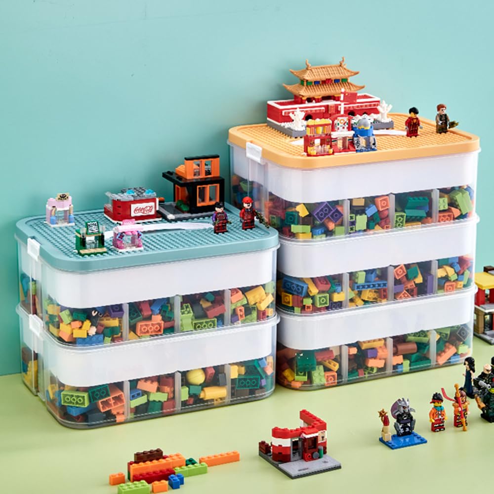 AEEISHOMEREFORM 3 Layers Toy Organizer Bins with Compartments, Building Blocks Storage, Storage Containers for Building Brick Storage, Plastic Stackable Organizer Bin Toy Chest (Green 3 Layers)