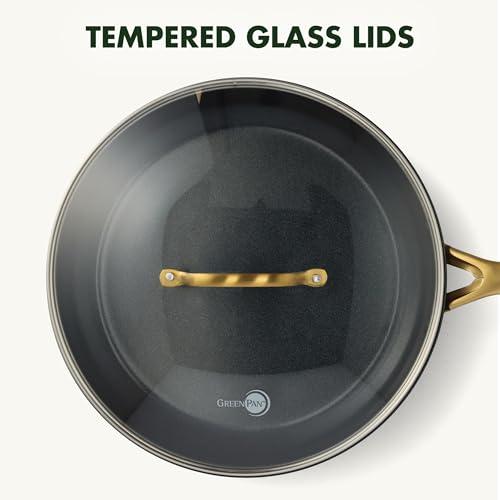 GreenPan Deco Hard Anodized Healthy Ceramic Nonstick 12” Saute Pan with Lid, Gold-Tone Stainless Steel Handle, Durable, Scratch Resistant, Dishwasher & Oven Safe, PFAS-Free, Black