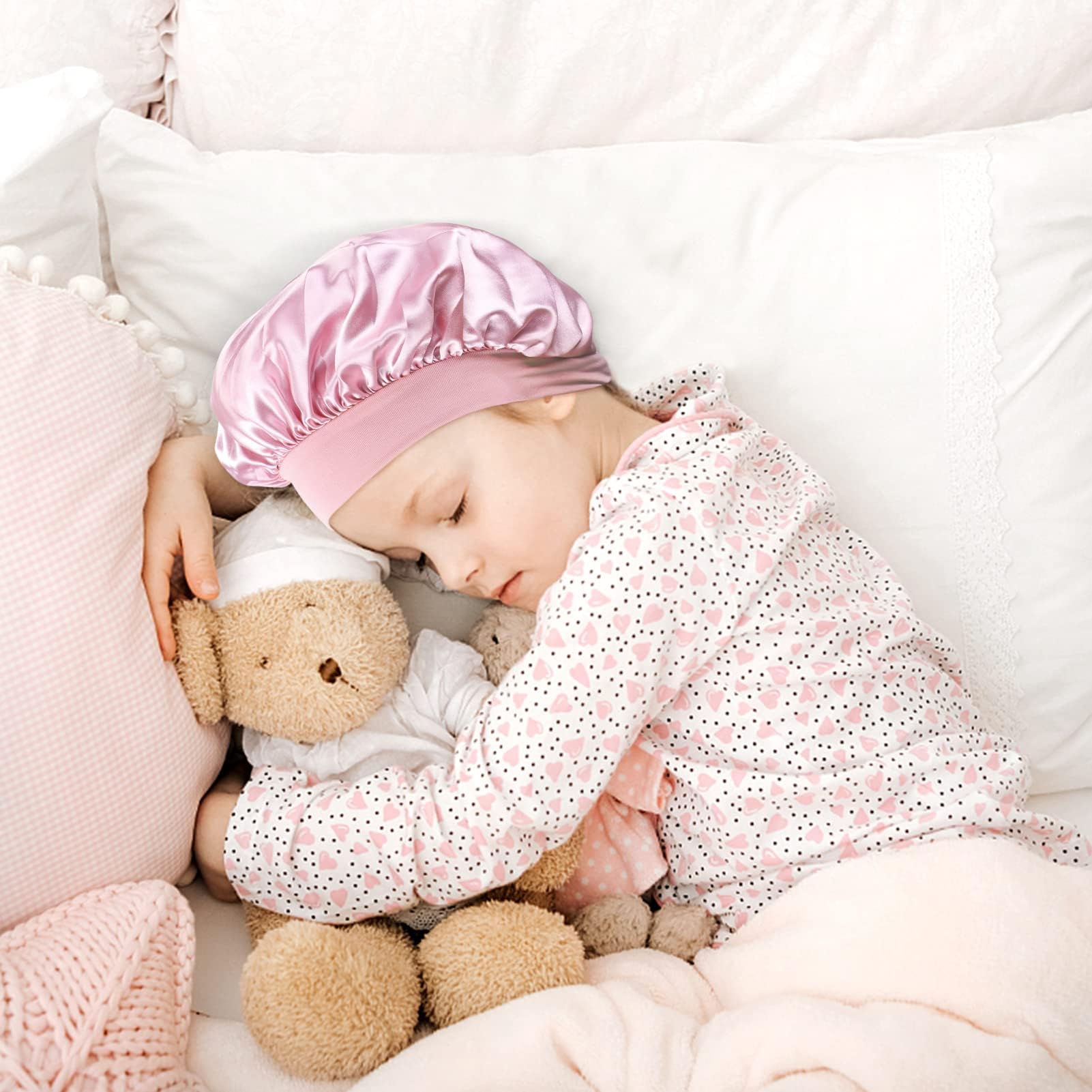 Arqumi Pack of 2 Satin Sleeping Bonnet for Kids, Soft Satin Sleep Bonnet with Elastic Strap, Adjustable Sleep Cap Hair Bonnet for Children, Pink+Purple