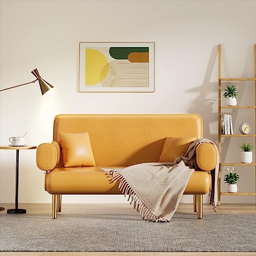 CIZIG Sofa Bed,74.8" L Futon Convertible Sleeper Sofa with 2 Pillows,Loveseat Sofa Bed, Adjustable Back Rest Couch,Small Leather Twin Sofa for Living Room,Bedroom,Movie Night,Honey-Orange