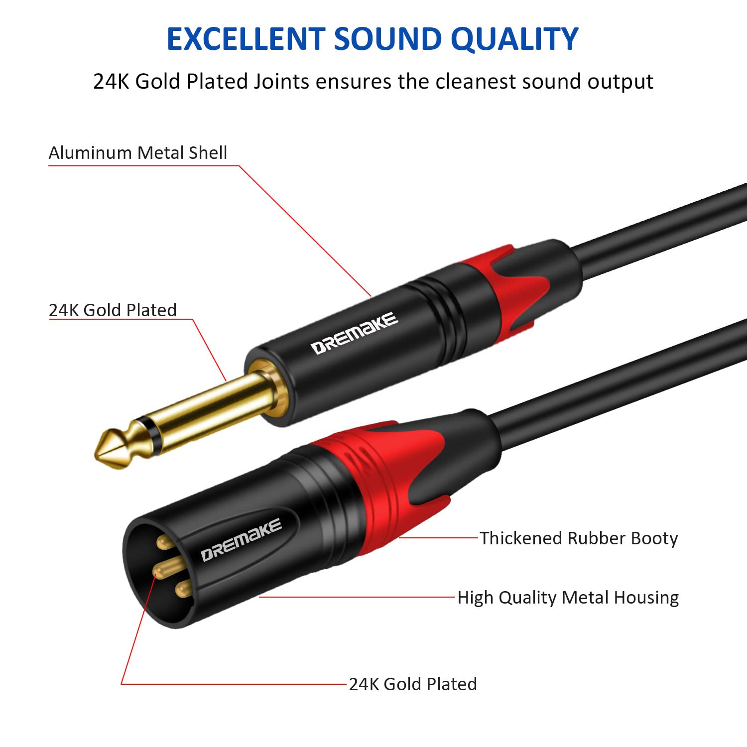 DREMAKE Patch Cable XLR to Mono 1/4'' 10FT, 3-Pin XLR to 1/4" TS Speaker Cable, 6.35mm 1/4'' TS Male to XLR Male Audio Stereo Mic Cable for Powered Amplifier Mixing Boards 1/4'' to Male XLR Unbalanced
