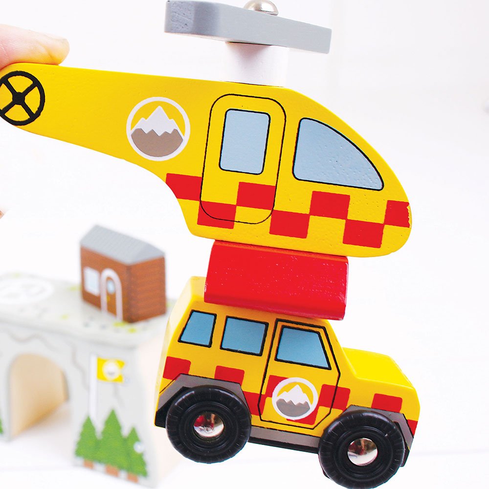 Bigjigs Rail Mountain Rescue Playset with Helicopter, Car, Log Cabin & Crate