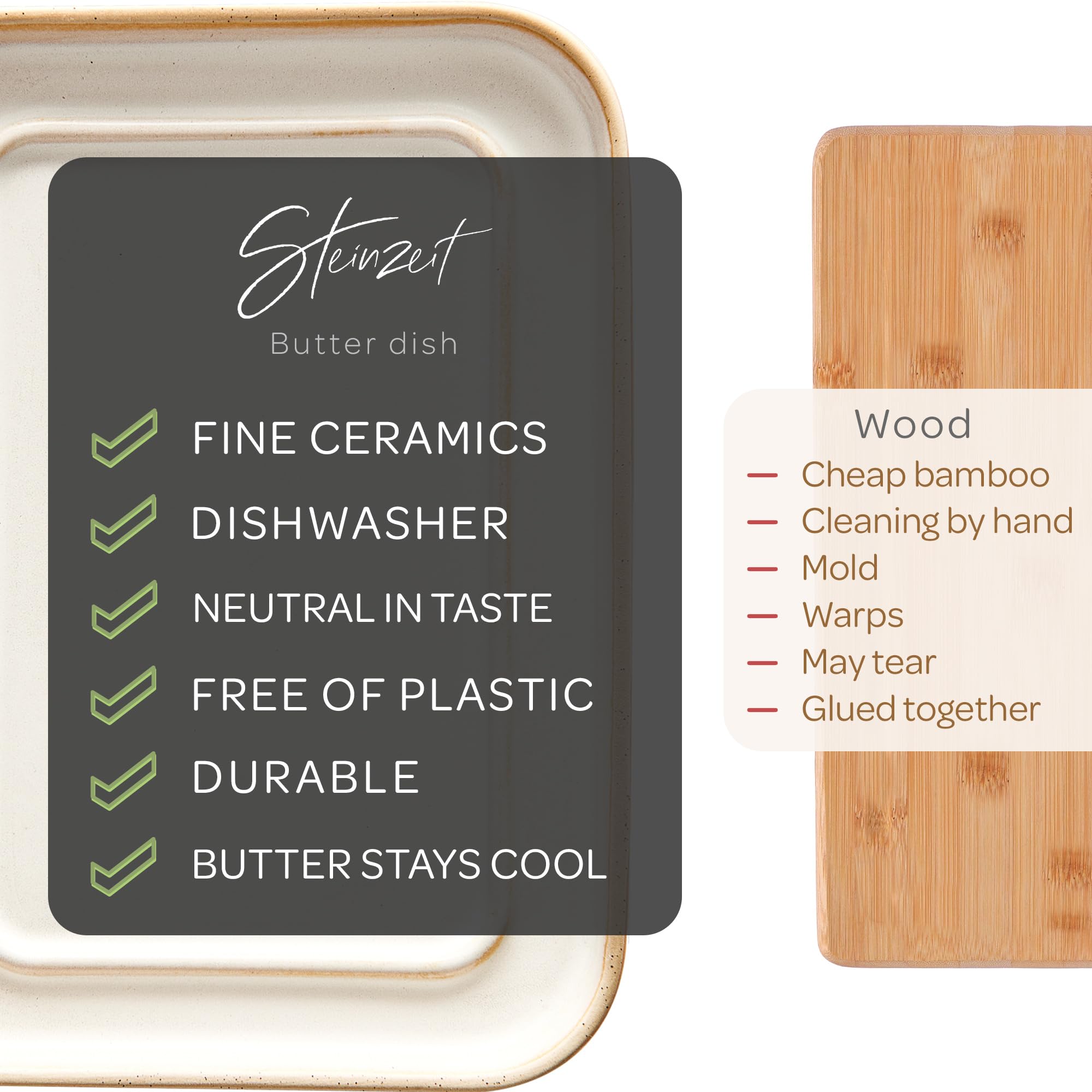 STEINZEIT Butter Dish with Lid (4.9 in x 6.9 in) - Ceramic Butter Dish - Large Butter Container for 2 pcs of Western Butter - Butter Dish with Lid for Countertop - Butter Holder Dishwasher Safe