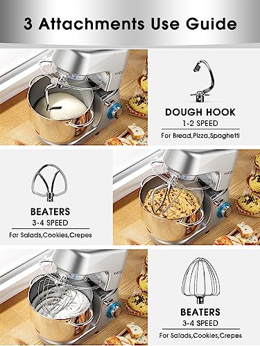 KUCCU Stand Mixer, 8.5 Qt 660W, 6-Speed Tilt-Head Food Dough Mixer, Electric Kitchen Mixer with Dough Hook, Flat Beater & Wire Whisk, Mixing Bowl (8.5-QT, Silver)