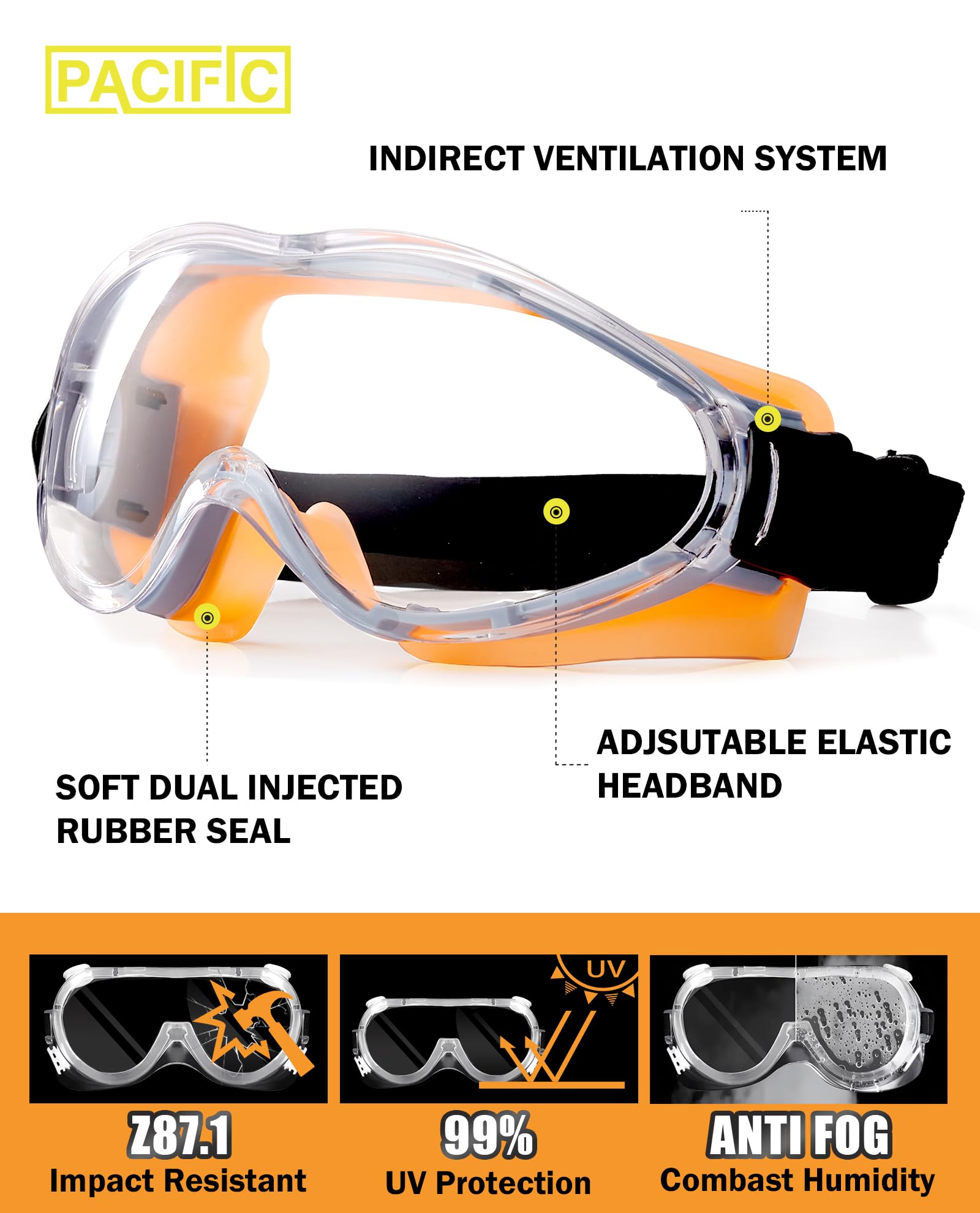 PACIFIC PPE Safety Goggles Over Glasses for Men and Women, Anti Fog Scratch Resistant, Eye Protection, Adjustable Elastic Headband