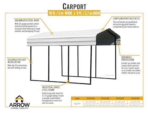 Arrow Carports Galvanized Steel Carport, Compact Car Metal Carport Kit, 10' x 24' x 9', Eggshell