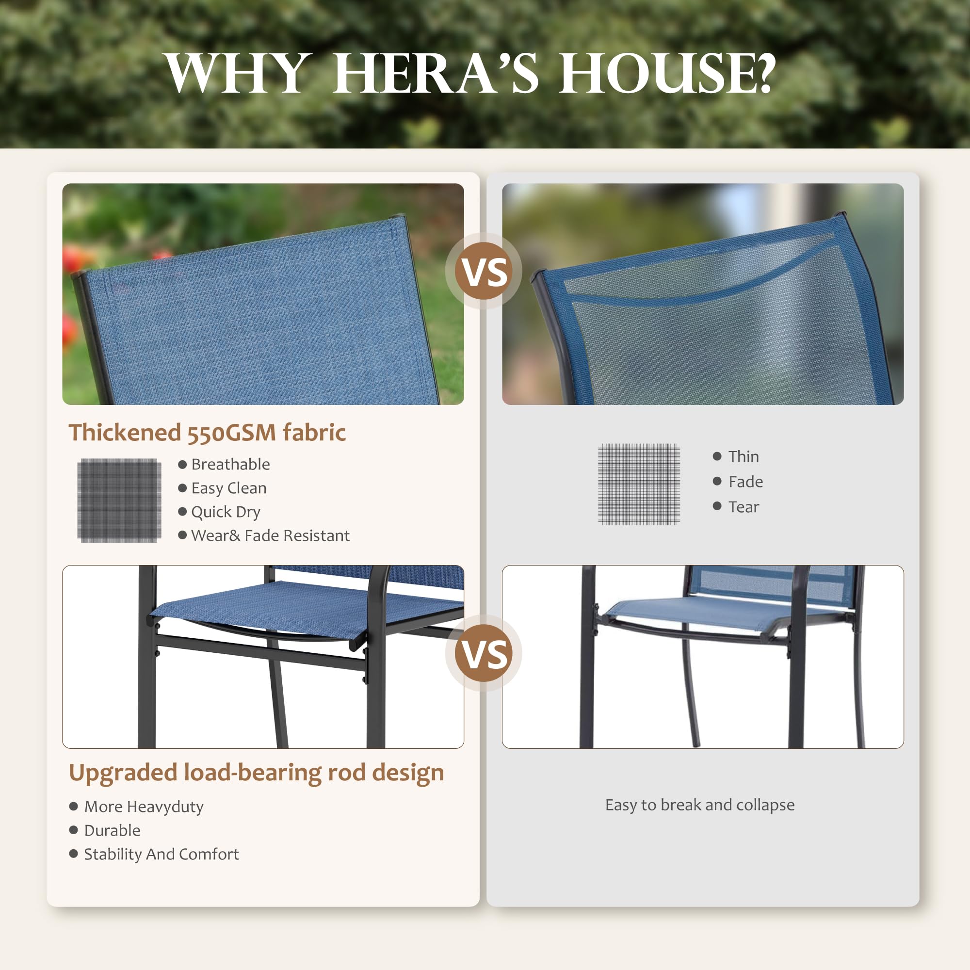 HERA'S HOUSE 5 Pieces Patio Dining Set, Outdoor Table and Chairs Set for 4, 4 x Blue Textilene Dining Chair, 37" Square Metal Dining Table, for Lawn Garden Backyard Deck