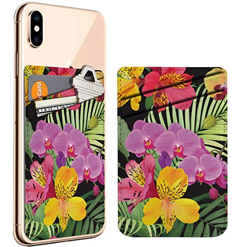 Diascia Pack of 2 - Cellphone Stick on Leather Cardholder ( Tropical Alstroemeria Lily Orchid Flowers Pattern Pattern ) ID Credit Card Pouch Wallet Pocket Sleeve