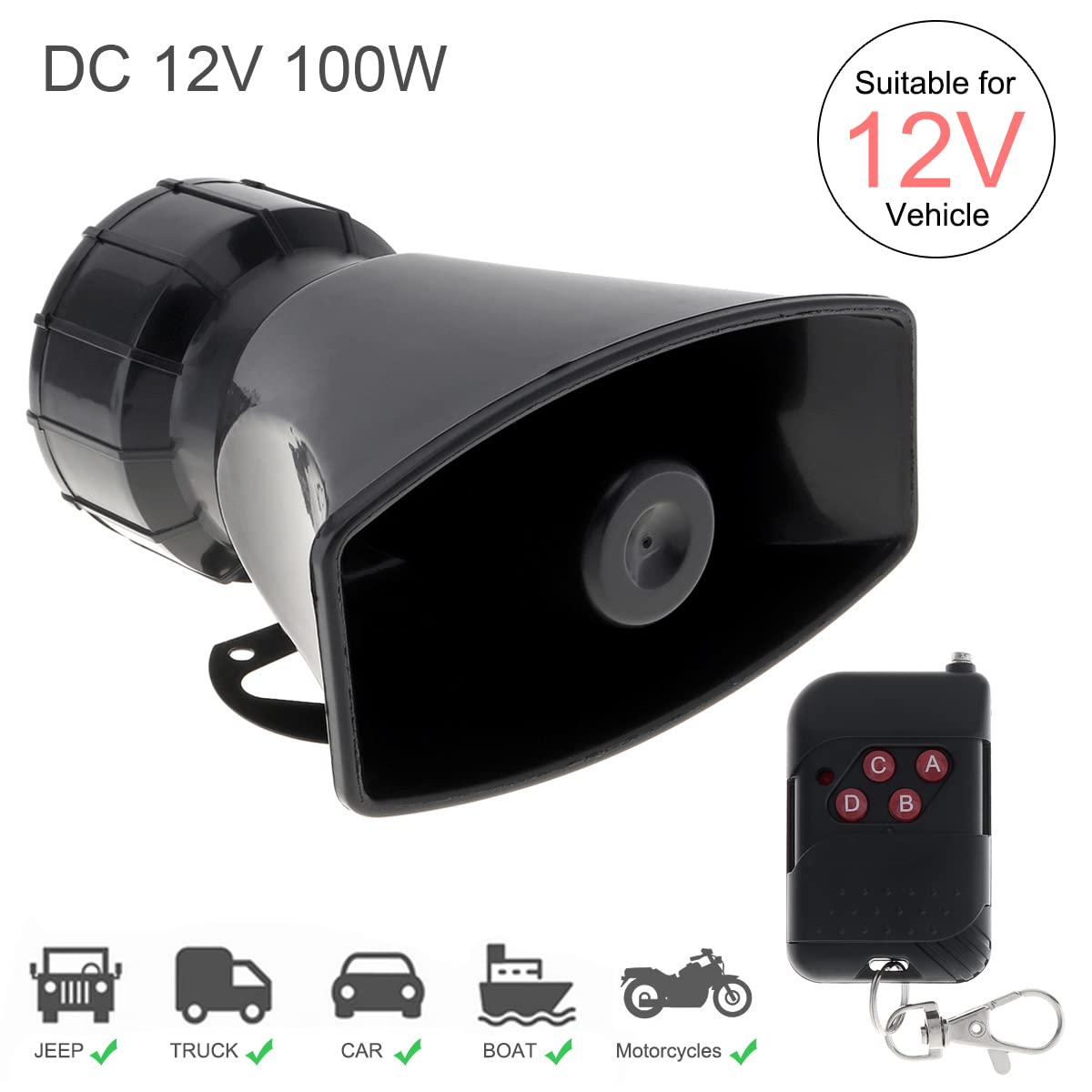 ePathChina 7 Tone Sound Loud Car Siren Vehicle Horn Hooter/Ambulance/Siren/Traffic Sound with Black Remote Controller 12V 100W (1PC Remote Controller)