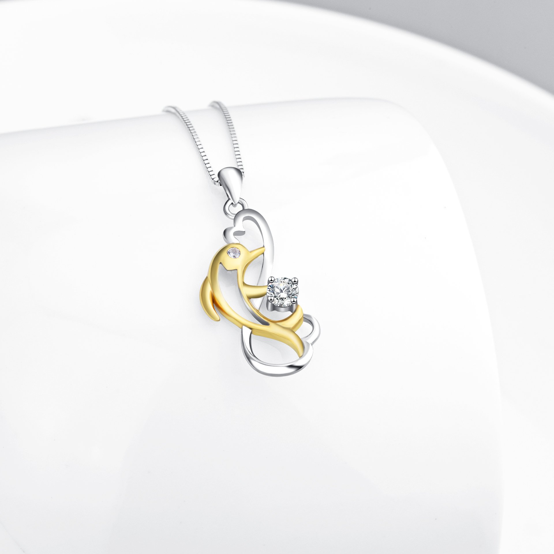 925 Sterling Silver With Cubic Zirconia Dolphin Love Heart Pedant Necklaces 18K Gold Overtone Two Tone Crystal 18 inches Valentineās Gift LSN140