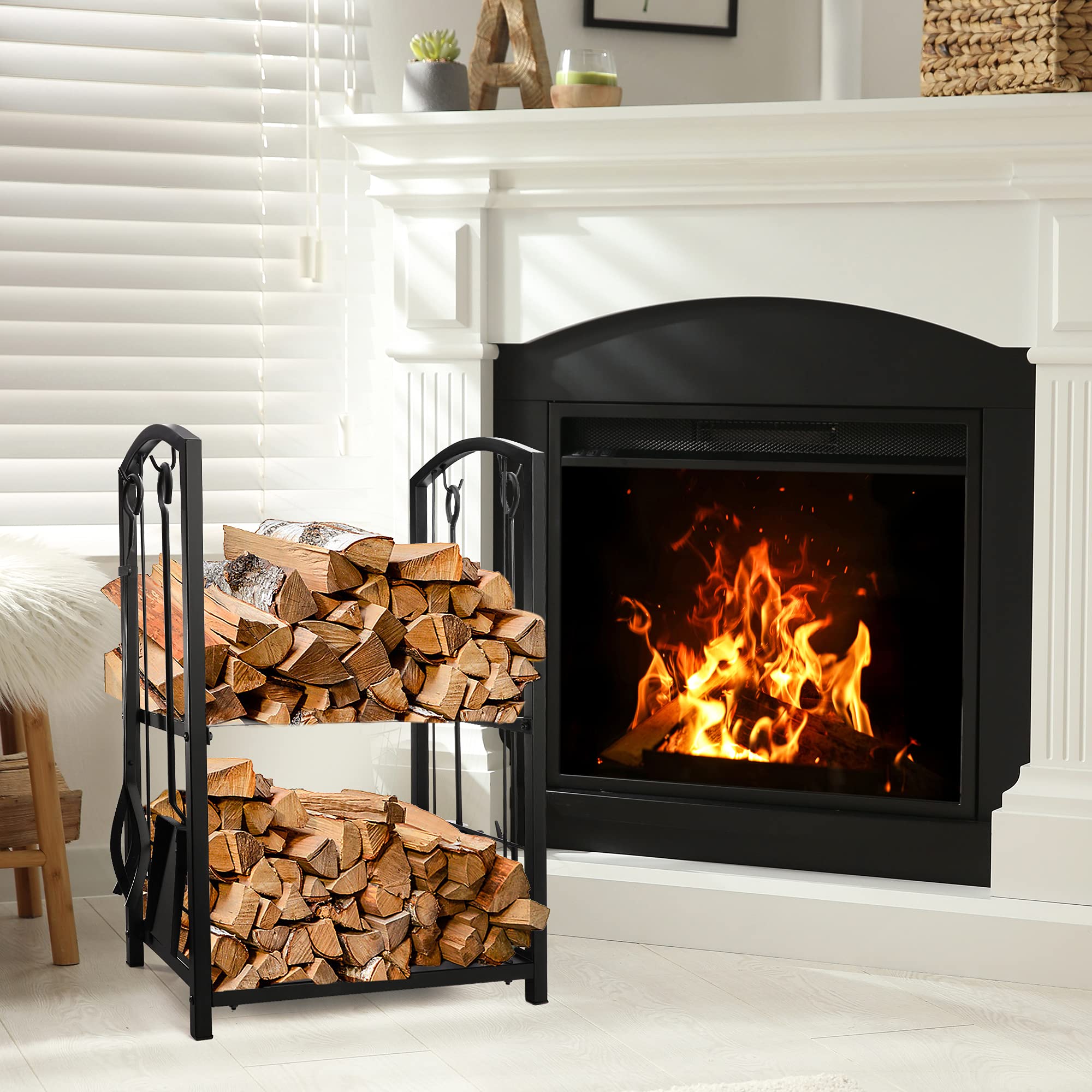 Delxo Fireplace Rack Indoor with 4 pcs Fireplace Tools Fire Pits Tools for Outdoor Log Holder Wood Stove Accessories Black Fireplace Log Rack Wrought Iron Logs Bin Holder for Fireplace Tool Set