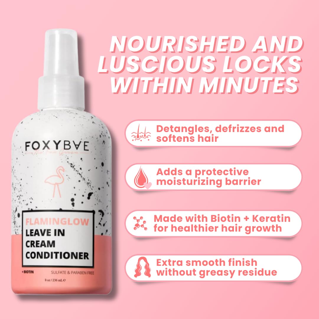 FoxyBae Leave In Conditioner Spray - with Biotin - Hair Detangler for Dryness & Damage - Hydrating, Conditioning, Detangling - Flaminglow - 8 Fl Oz