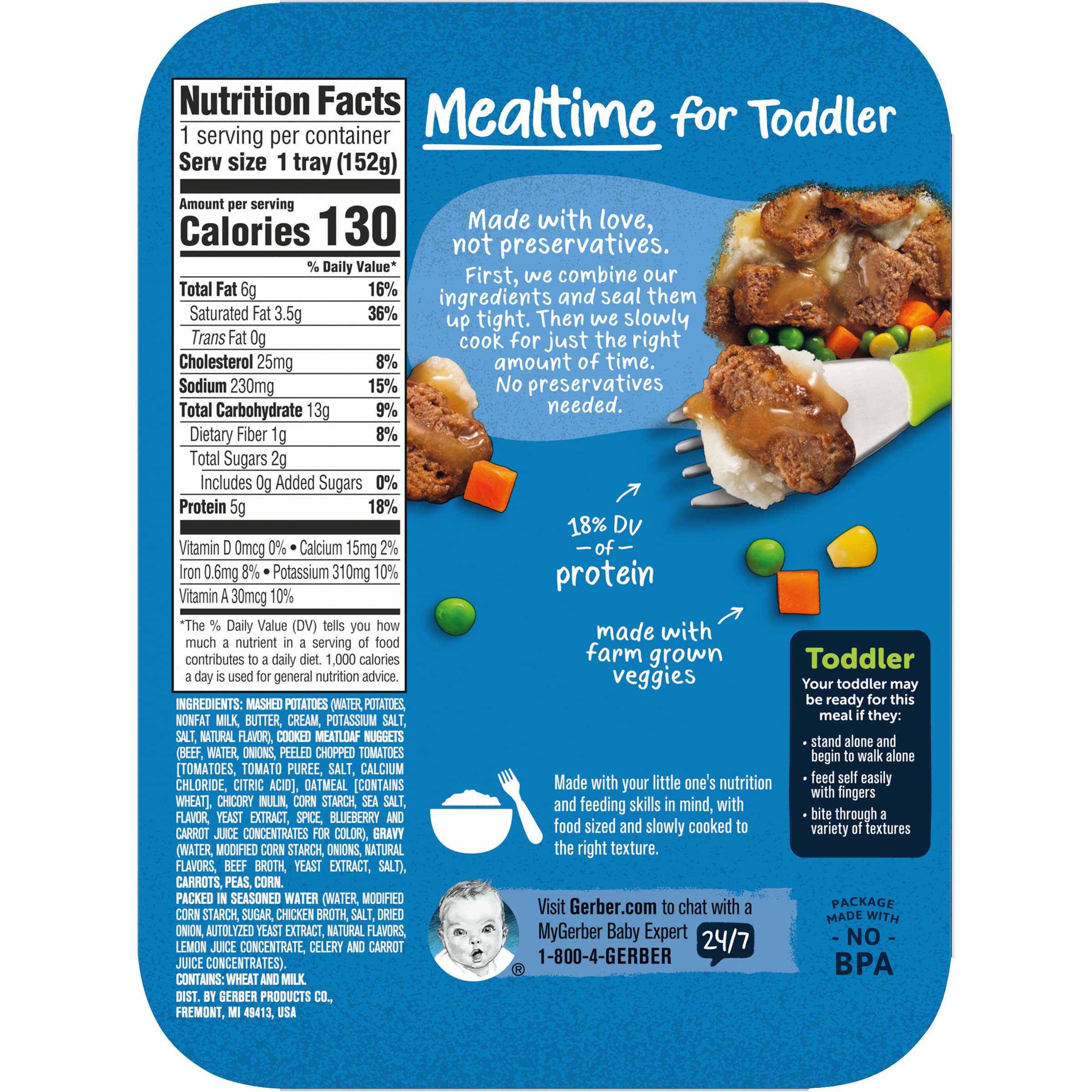 Gerber Mealtime for Toddler Mashed Potatoes with Meatloaf & Gravy & Side of Carrots, Peas & Corn, 6.67 Ounce