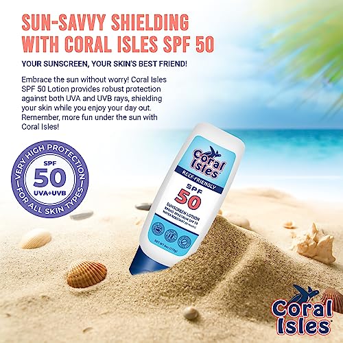 Coral Isles Reef Safe Sunscreen SPF 50 Lotion - Octinoxate & Oxybenzone Free - Hawaii Approved Sun Shield - Broad Spectrum UVA/UVB Protection - Waterproof, Odorless Skin Protector (6 Fl Oz)