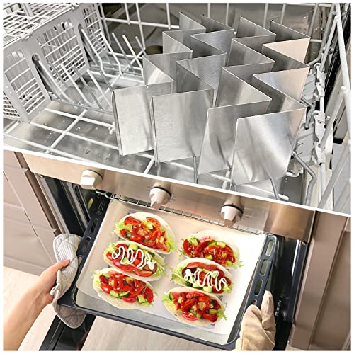 GEIKR Stainless Steel Taco Holders Set of 4, ๐ฎ๐ฌ๐ฎ๐ฏ ๐๐๐ฌ Oven & Dishwasher & Grill Safe Taco Trays, Each Metal Taco Stands for 3 Tacos, Taco Rack with Handles, Stylish Taco Shell Holders