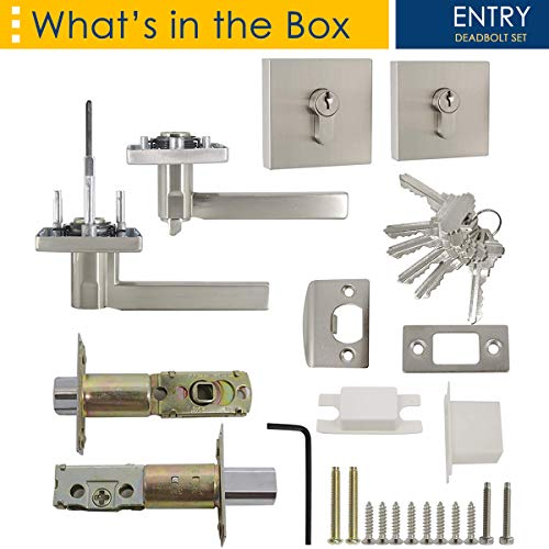 Brotima 5 Pack Square Heavy Duty Keyed Alike Front Door Entry Lever Lockset and Double Cylinder Deadbolt Combination Set with Same Key, Satin Nickel Finish, Reversible for Right/Left Hand