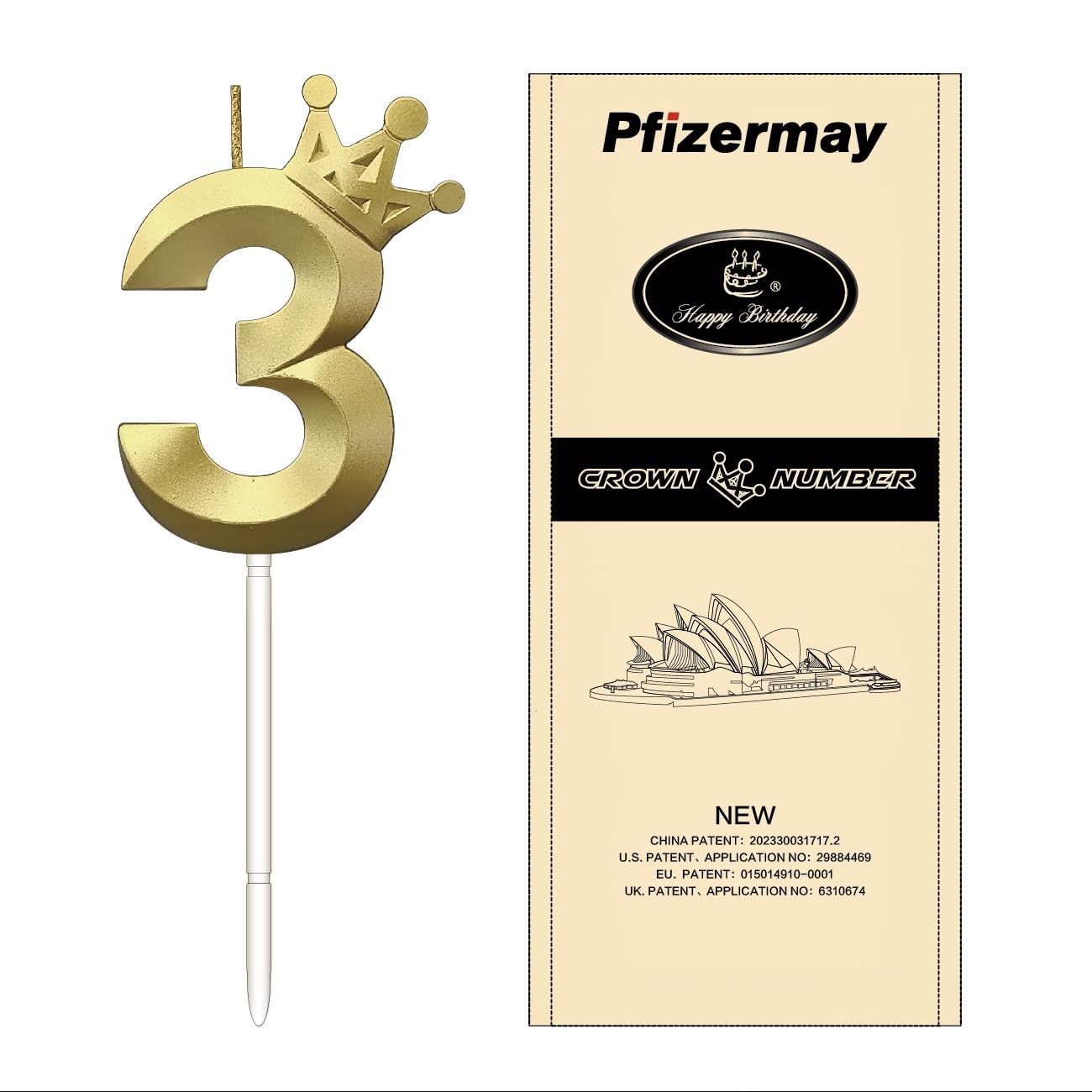 Number 3 Birthday Candle 3D Crown Designed Cake Topper Decorations for Three Years Old Happy Birthday Candles Anniversaries (Crown-3, Gold)