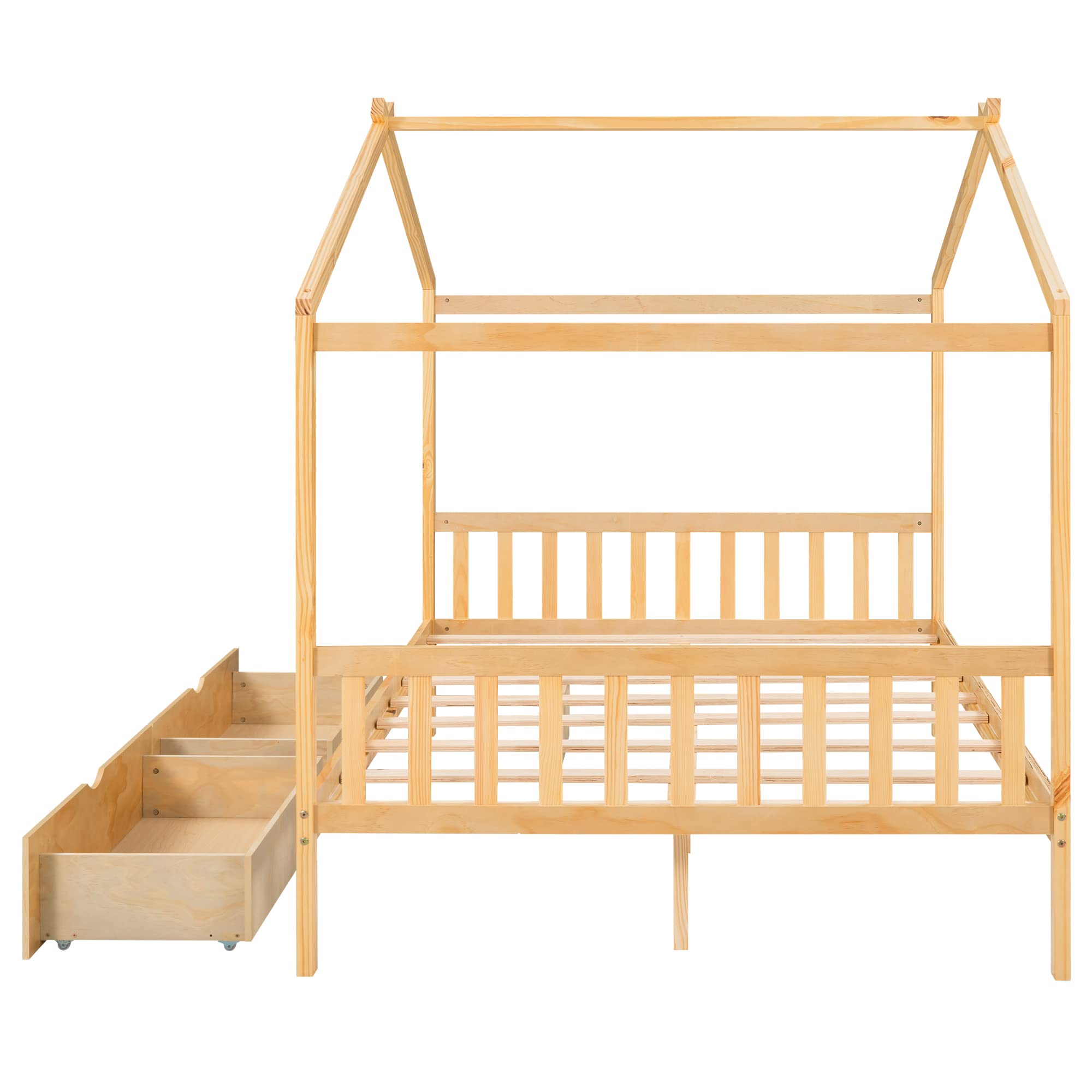 Harper & Bright Designs Full Size House Bed for Kids, Montessori Bed, Wood Full Platform Bed Frame with 2 Storage Drawers, Headboard and Footboard, Full Storage Bed for Kids, Girls & Boys, Natural