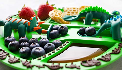 Constructive Eating Plate and Utensils Set Dinosaur - Made in USA - Toddler Dinnerware, Kids Dinnerware and Utensils Set for Ages 1-3, Toddler Utensils 2 and 3 Year Old, Divided Toddler Plates