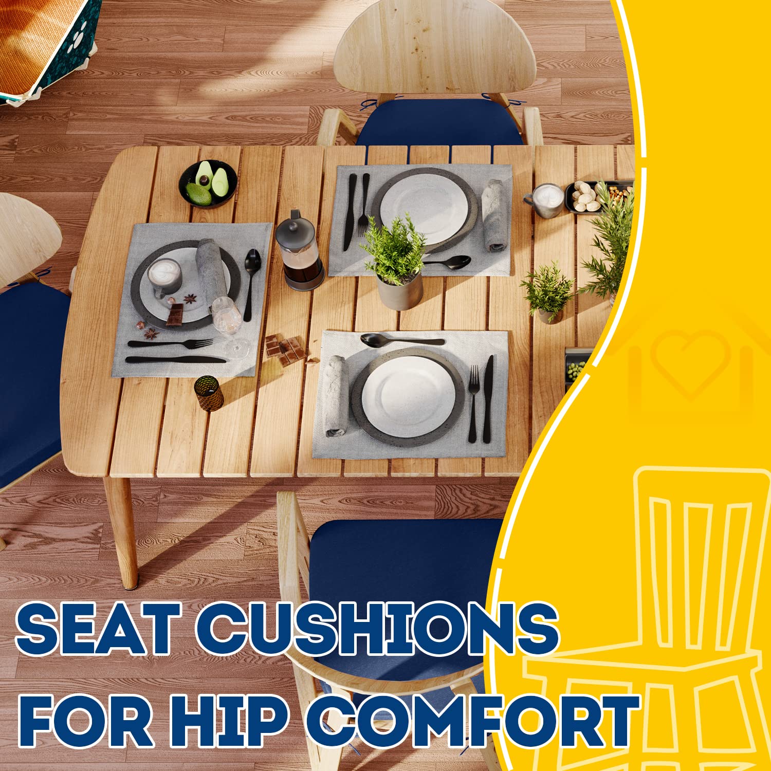 AAAAAcessories U-Shaped Chair Cushions for Dining Chairs with Ties and Removable Cover, 2" Thick Dining Kitchen Chair Pads, Indoor Dining Room Chair Cushions, 17" x 16", 4 Pack, Blue