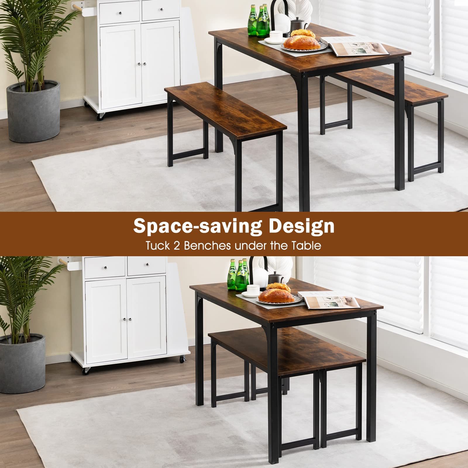 LDAILY Moccha Dining Table Set for 4, 3-Piece Modern Breakfast Table Set with 2 Benches & Metal Frame, 43.5" Wood Kitchen Table Set, Space-Saving Dinette Set for Small Spaces, Dining Room, Natural