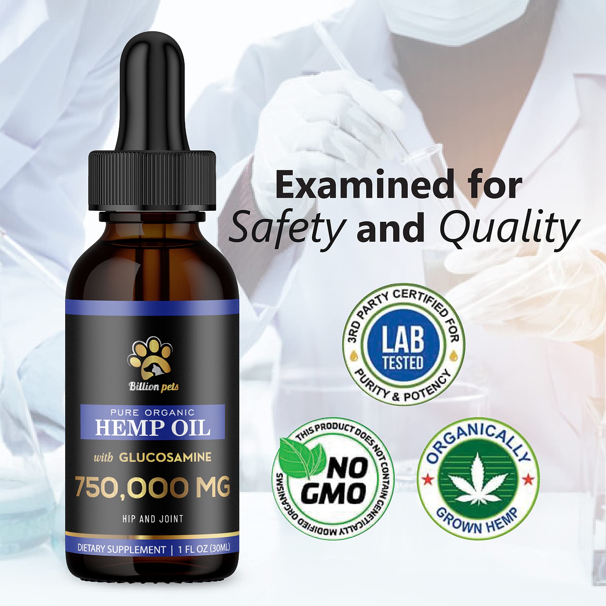 Billion Pets Hemp Oil for Dogs and Cats – Pure Organic Extract Calming Aid Drops with Glucosamine for Hip Support, Immune Function, Balanced Mood and Skin Health