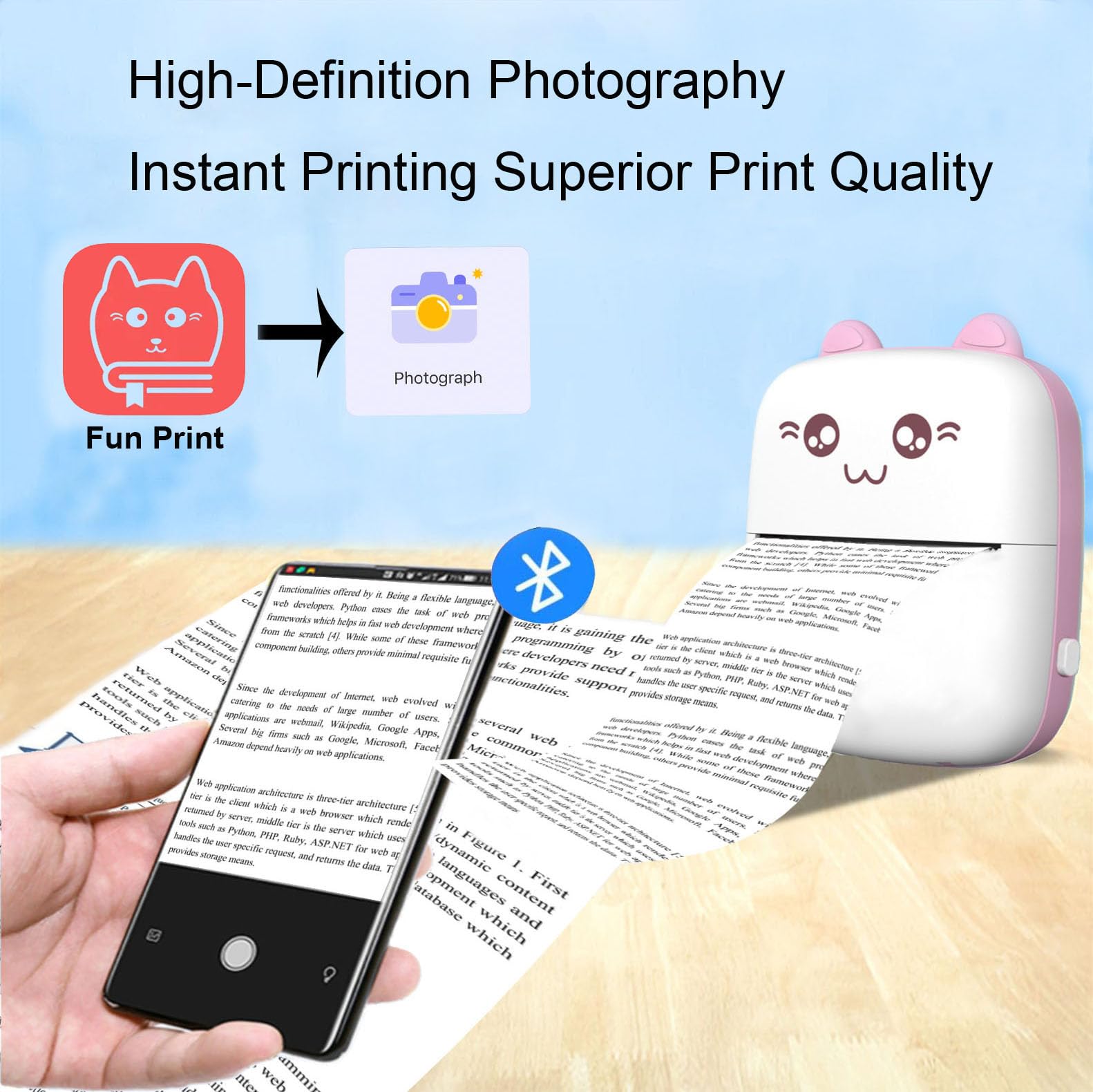 Fernuenx Mini Portable Printer, Wiresless Bluetooth Inkless Pocket Thermal Printer with 6 Rolls of Thermal Paper for Android iOS Phone,Gift for Notes Study Travel Photos Office Home,Pink