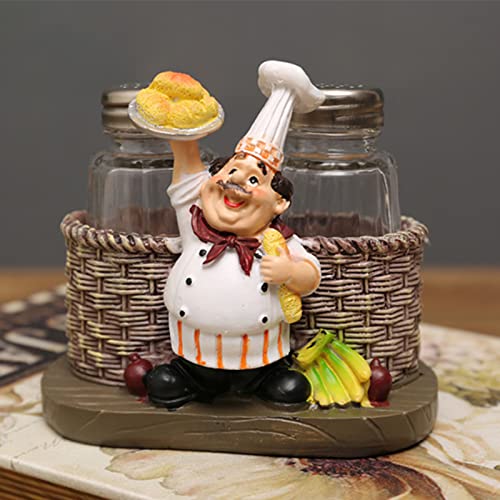Chef Salt and Pepper Shakers, Chef Stature Holder Decorative Synthetic Resin Ingenious Vivid Chef Figurine Holder with 2 Glass Sauce Bottle