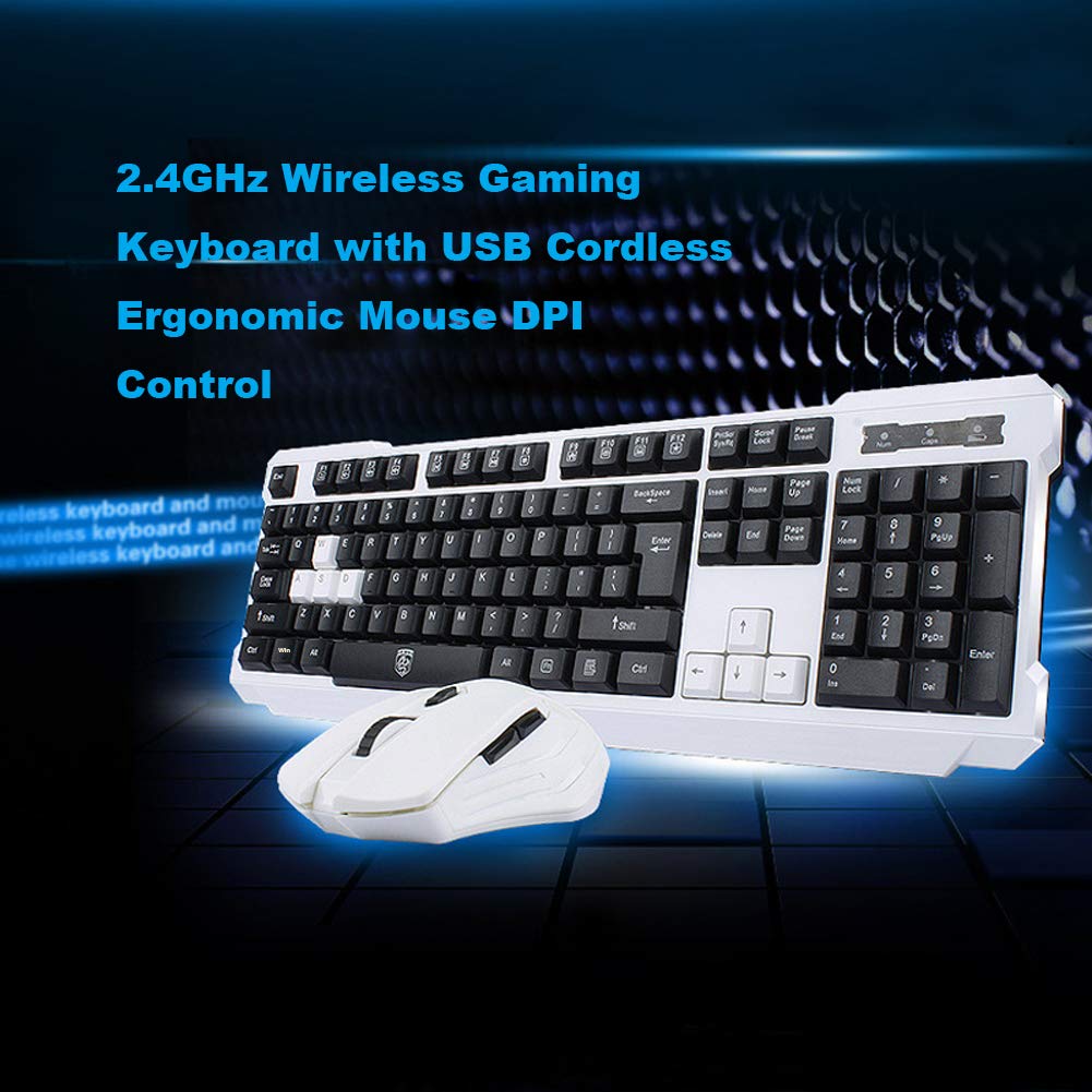 Keyboard Mouse Combos,Soke-Six Waterproof Multimedia 2.4GHz Wireless Gaming Keyboard with USB Cordless Ergonomic Mouse DPI Control for Desktop PC Laptop(White)