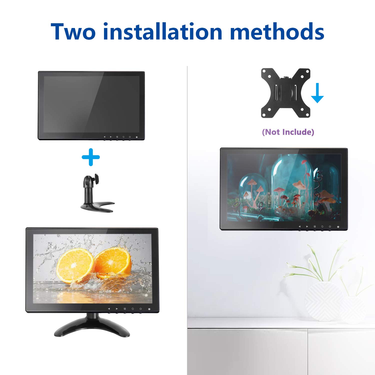 WHOLEV 10.1" LCD Rimless Monitor 1280x800 FHD Color Screen with AV VGA HDMI BNC USB Input Built-in Speaker 178° Wide Angle for Raspberry Pi Computer Display TV