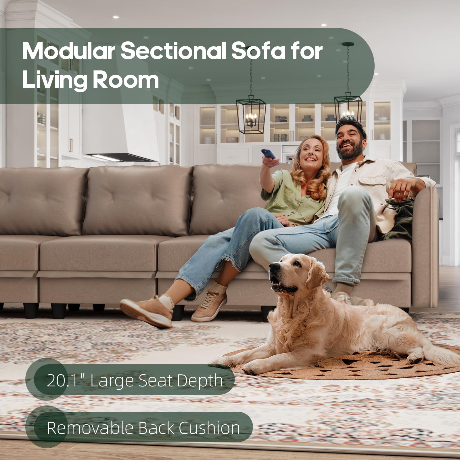 LLappuil Modular Sectional Sofa, Convertible U Shaped Couch with Storage, Faux Leather Fabric Waterproof Sectional Couch for Living Room, 111.8" Width, 6 Seat Modular Sofa, Cognac Brown