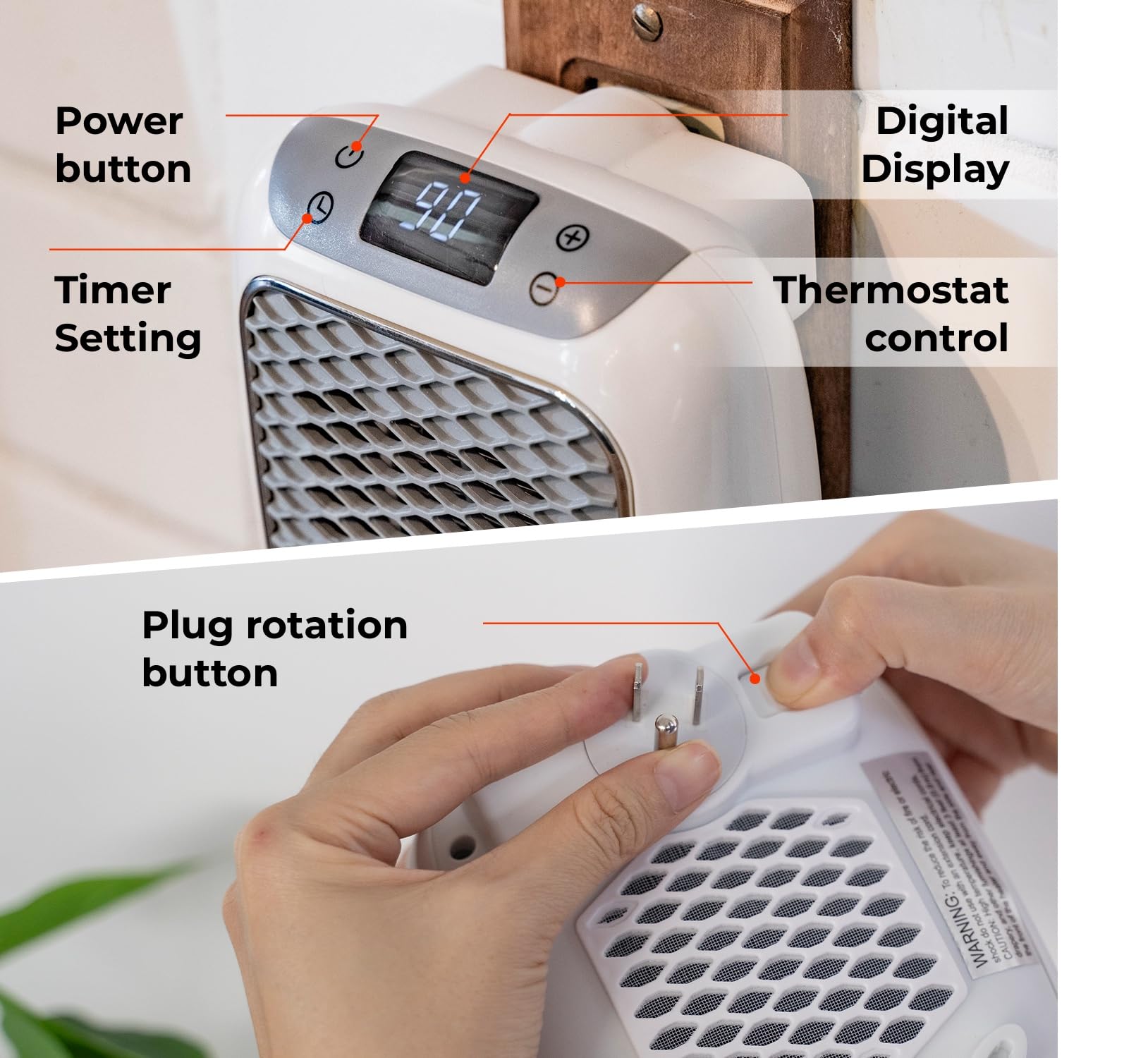 HeatWell Small Space Heater Plug In - 800w Mini Wall Mount Portable Heaters for Indoor Use Office Bedroom | Adjustable Thermostat, 12-Hour Timer, Auto Shut Off, Quiet Energy Efficient Ceramic Heating