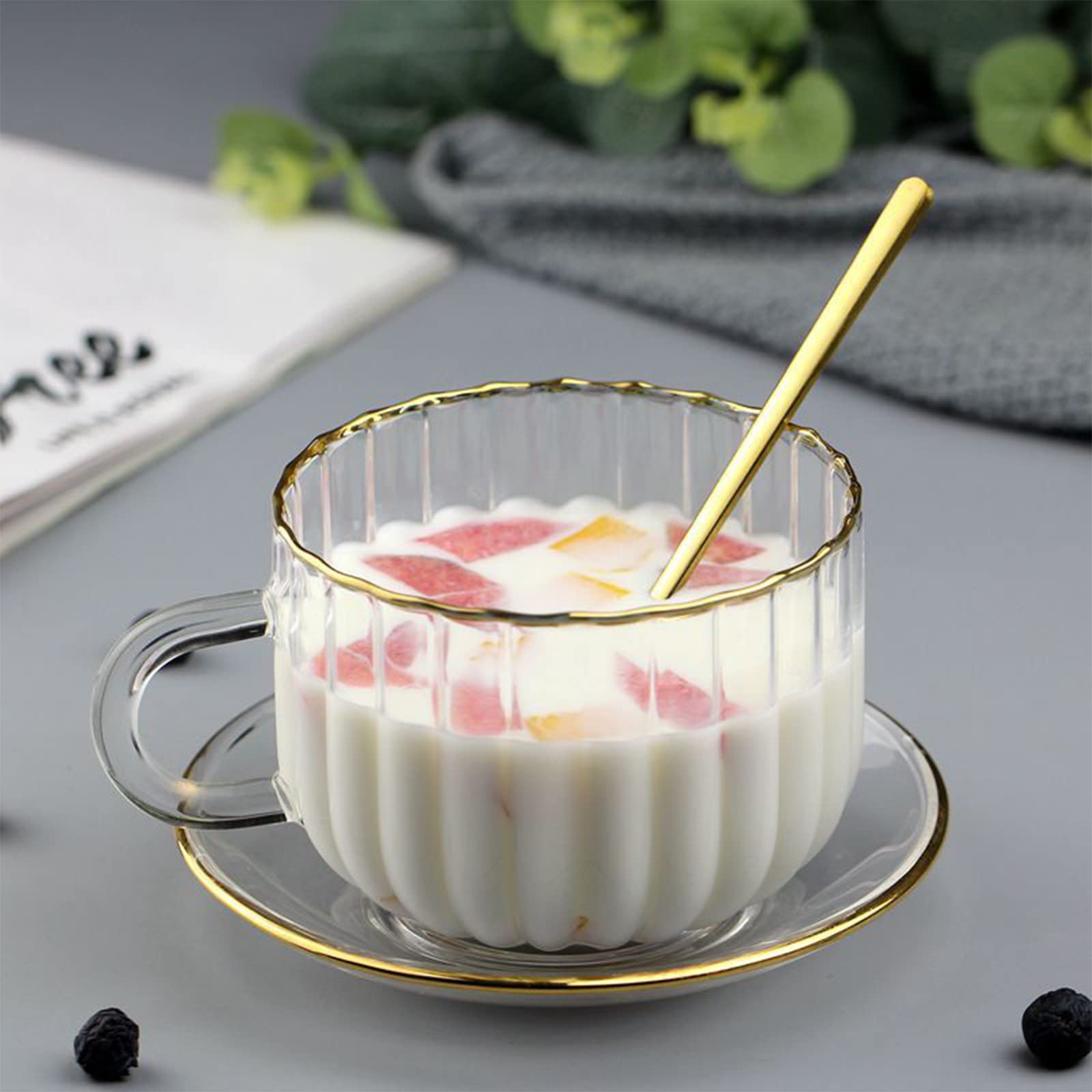amokk Clear Glass Mugs Tea Cup and Saucer with Spoon for Coffee, Milk, Tea 15 Oz