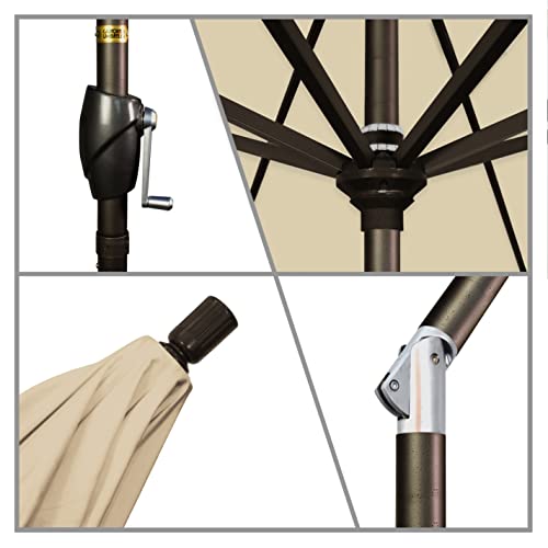 California Umbrella 6' Round Aluminum Market Umbrella, Crank Lift, Push Button Tilt, Bronze Pole, Sunbrella Antique Beige