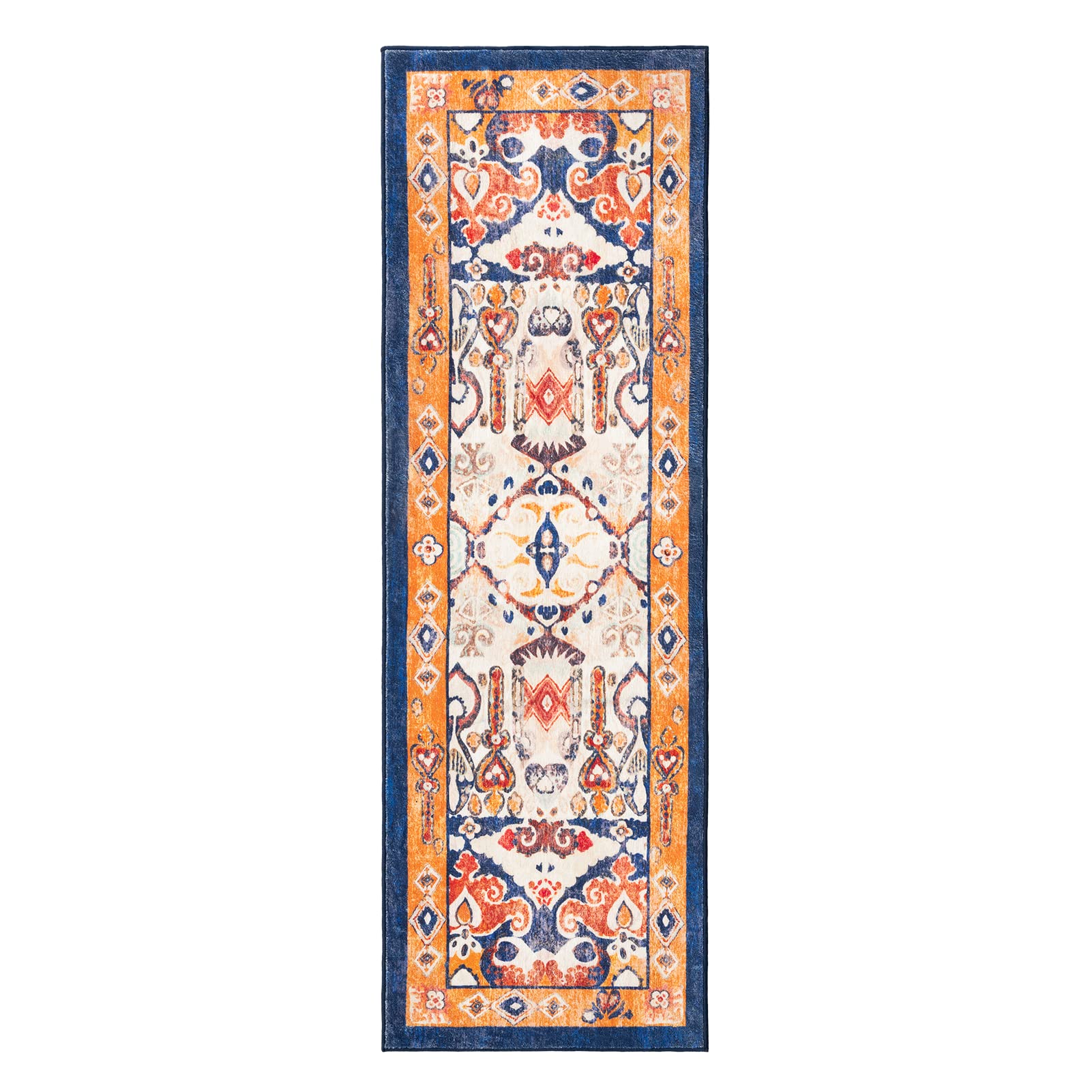 Phantoscope Hallway Runner Rug 2'x6' - Boho Washable Non-Slip Kitchen Rug Runner, Ultra-Thin Vintage Distressed Accent Throw Rug for Entryway Laundry Bathroom Bedroom, Navy/Orange