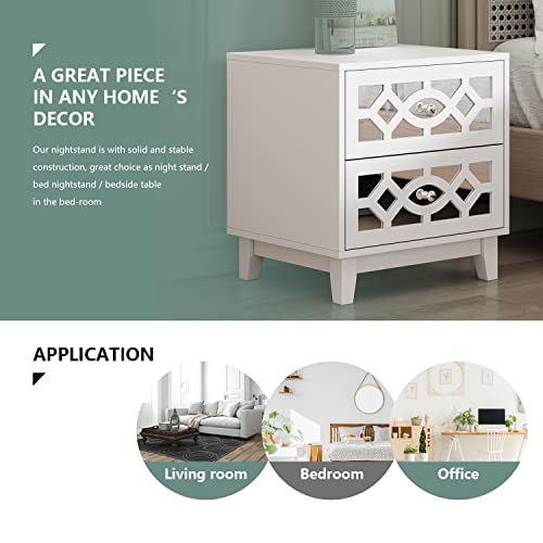 DiDuGo Nightstand with 2 Mirrored Drawers Set of 2, Wood End Table Bedside Table with Storage, Contemporary Style, Wooden Legs, for Bedroom White (18.9”W x 15.7”D x 19.7”H)