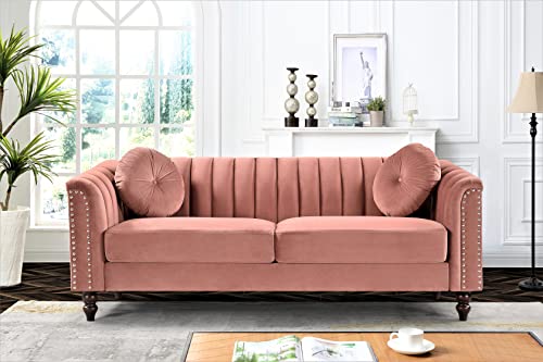 Container Direct Mid-Century Modern Velvet Sofa Chesterfield Inspired Luxury 2 Piece Set for Living Room with Removable Cushions and Turned Wood Legs, Loveseat, Couch, Rose