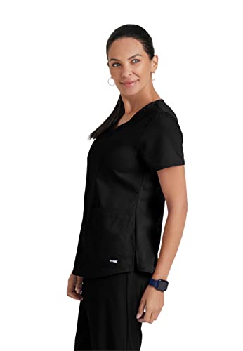Grey's Anatomy Women's Two Pocket V-Neck Scrub Top with Shirring Back, Black, Medium