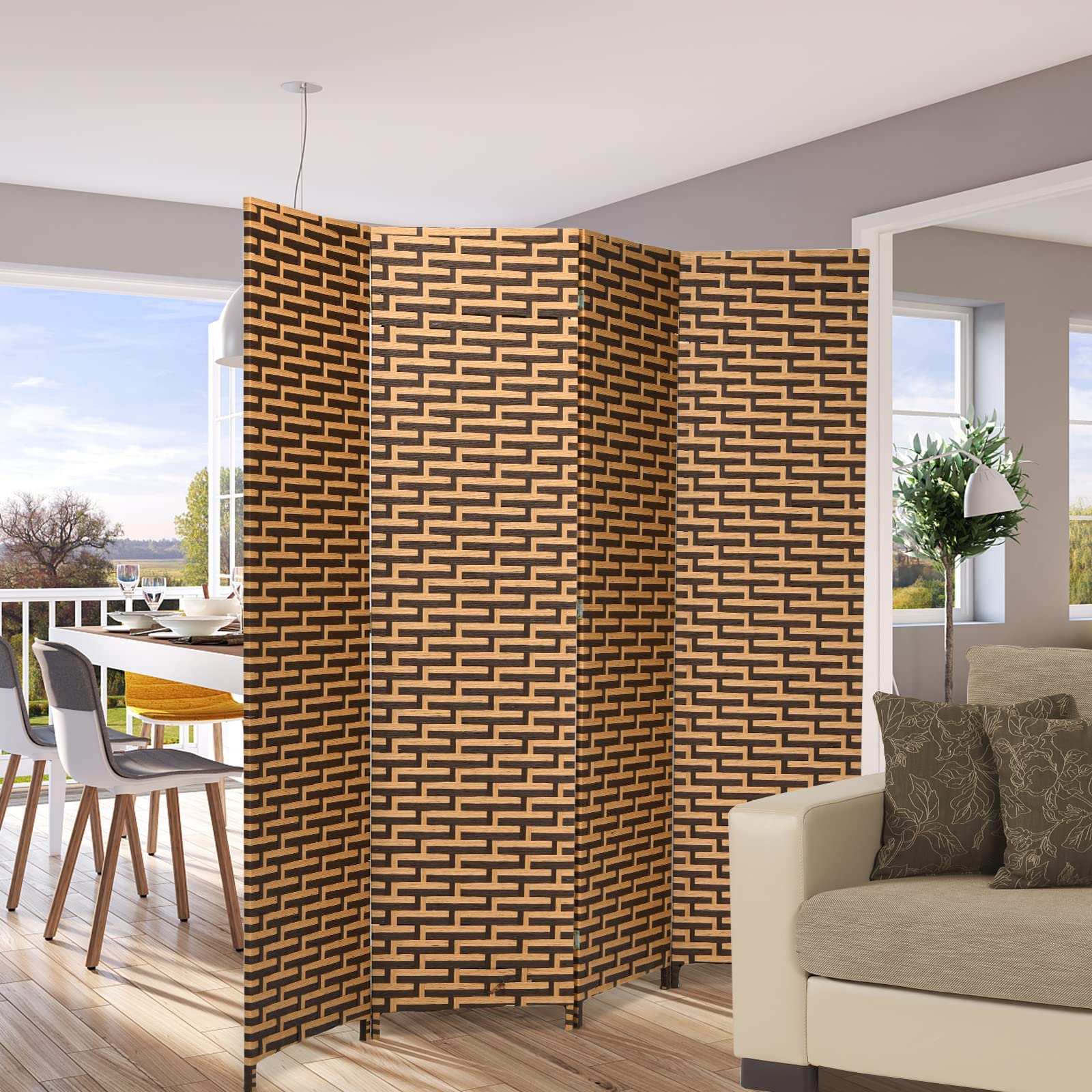 Giantex Room Divider, 6 Ft 4 Panel Handmade Rattan Room Divider, Wood Folding Screen Room Separating Divider, Freestanding Small Boho Room Dividers