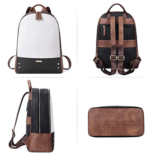 CLUCI Laptop Backpack for Women Leather 15.6 inch Computer Backpack Travel Vintage Large Bag White Black with Brown