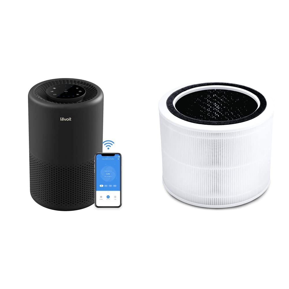 LEVOIT Air Purifiers for Home Large Room, Black & Air Purifier Replacement Filter, 3-in-1 True HEPA, High-Efficiency Activated Carbon, Core 200S-RF, White