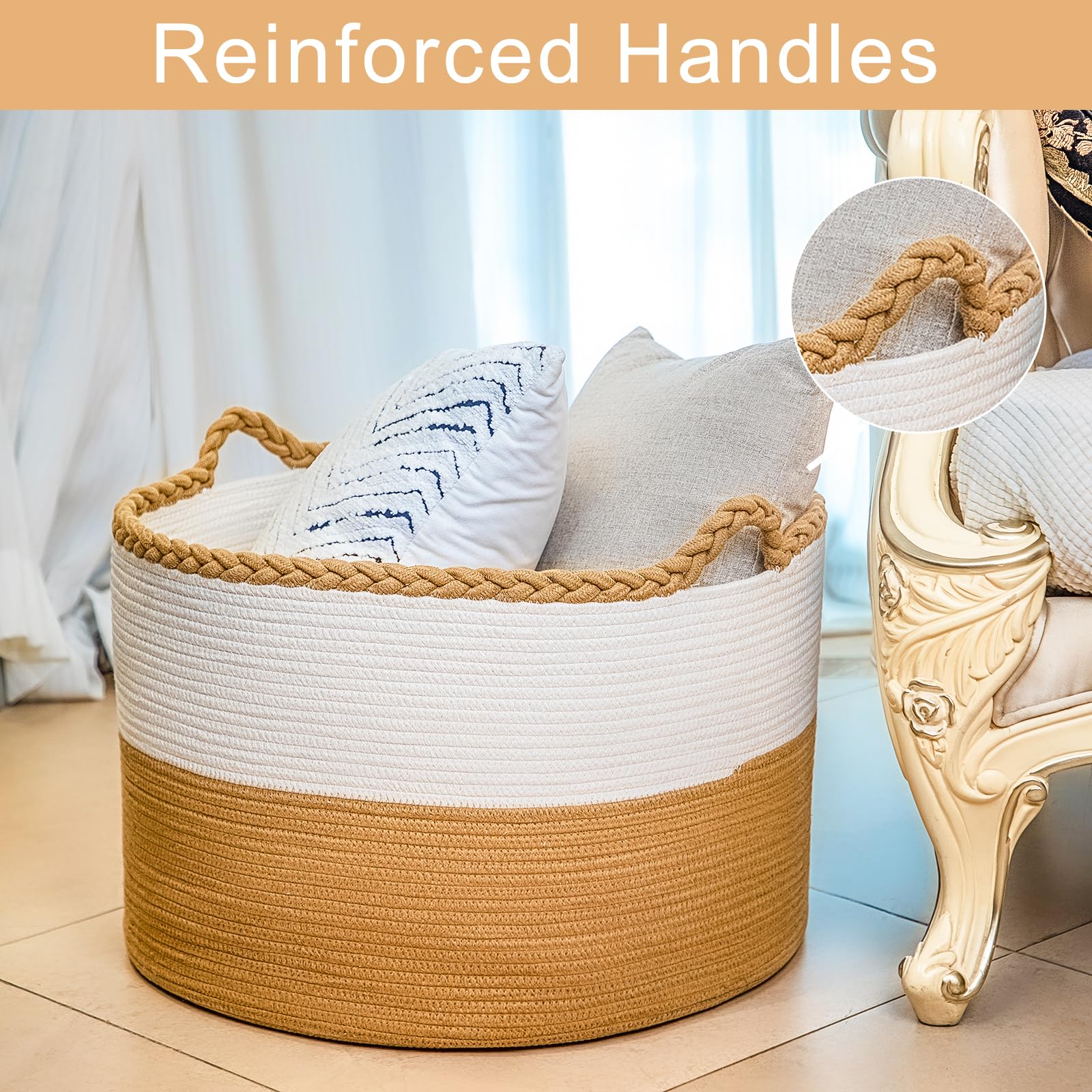 Homlikelan 87L Oversize Laundry Hamper,Cotton Rope Clothes Hamper,Woven Laundry Basket,Storage Basket for Blanket,Toys,Laundry Bin,Brown&White