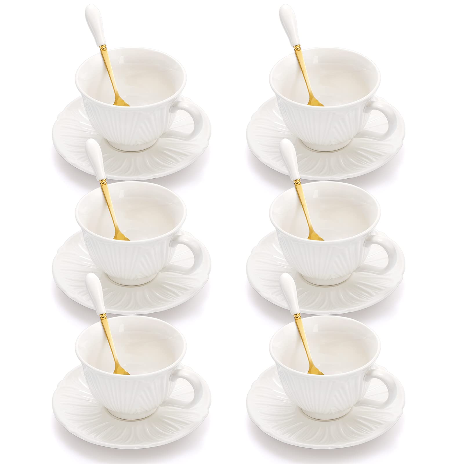 Okllen Set of 6 Royal Tea Cups and Saucers, 8 Oz Large Cappuccino Cups Set with Spoon, White Porcelain Tea Cup Set British Coffee Cups for Latte, Cafe Mocha, Cappuccino, Tea Party